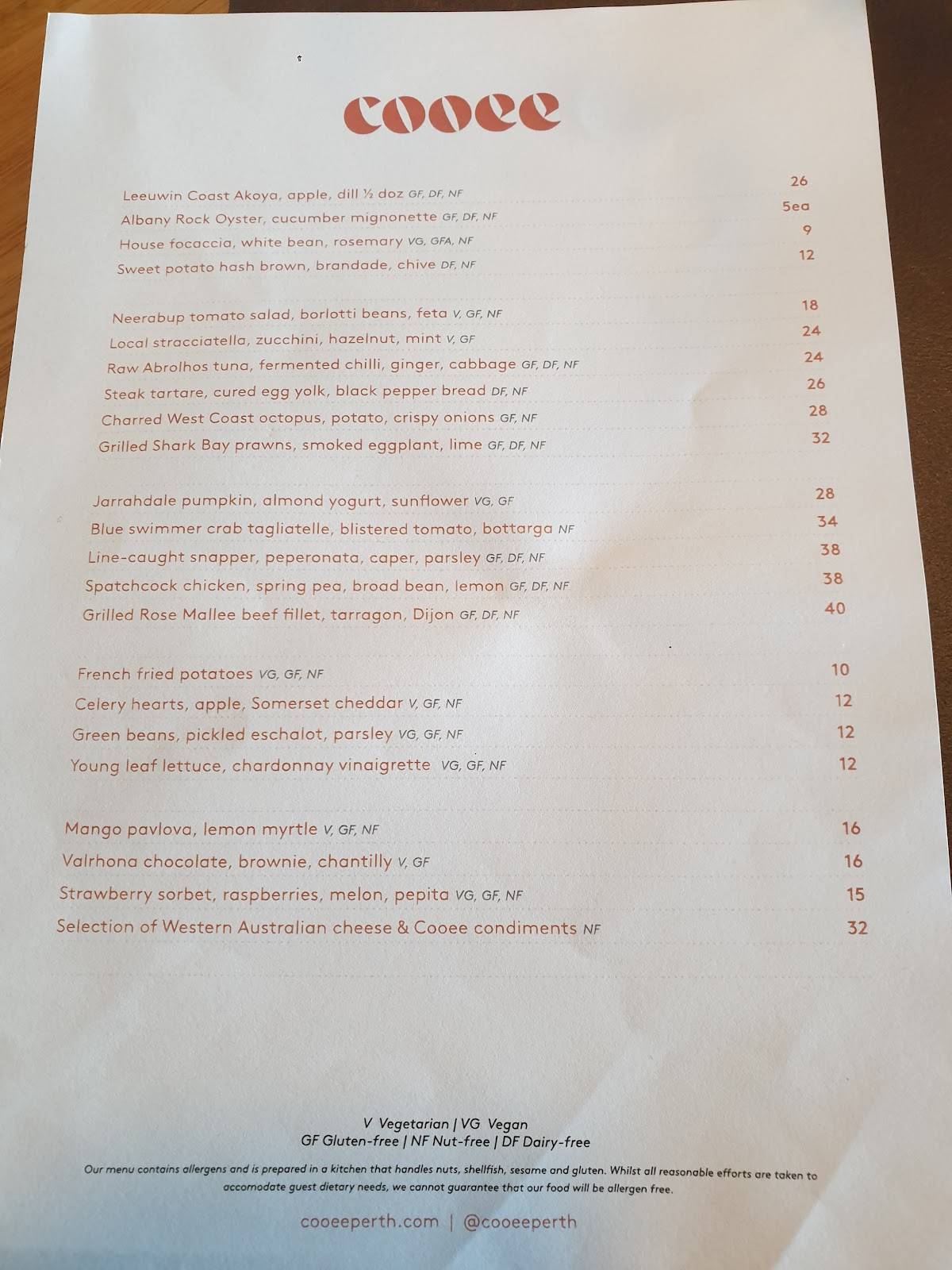 Menu at Cooee restaurant, Perth