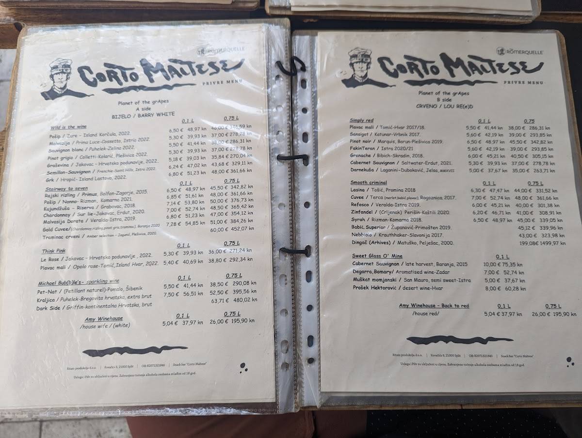 Menu at Corto Maltese Freestyle food restaurant, Split, Obrov ul. 7