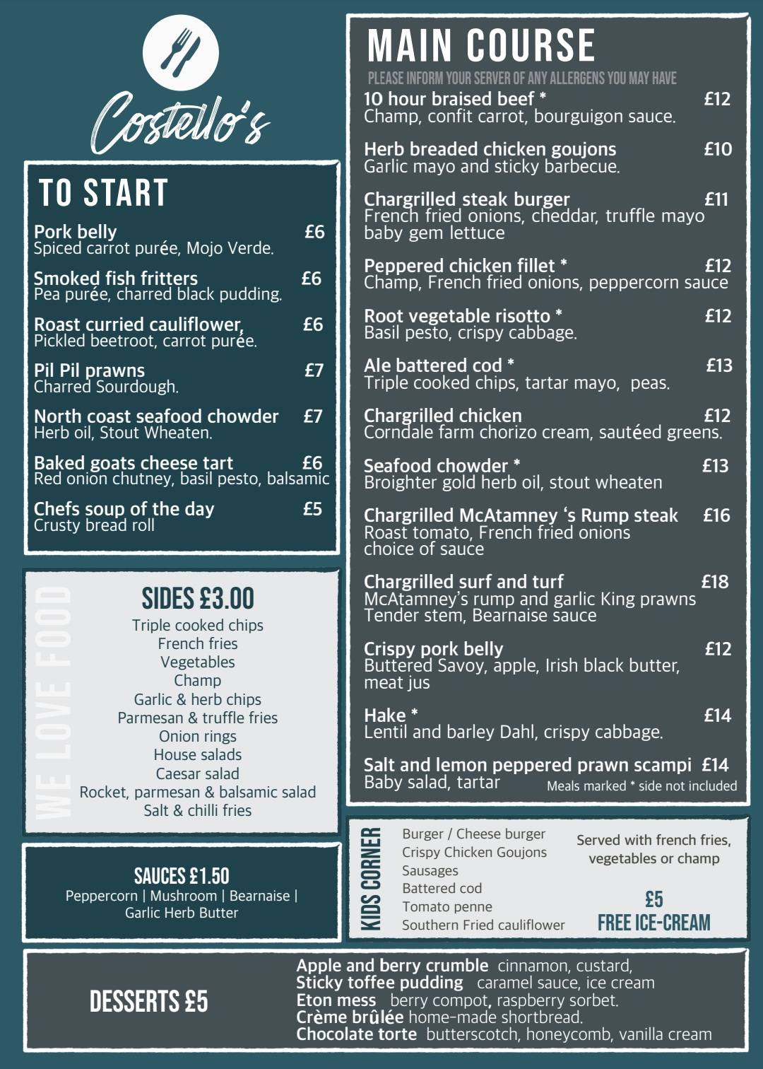 Menu at Costello's Restaurant, Castlerock