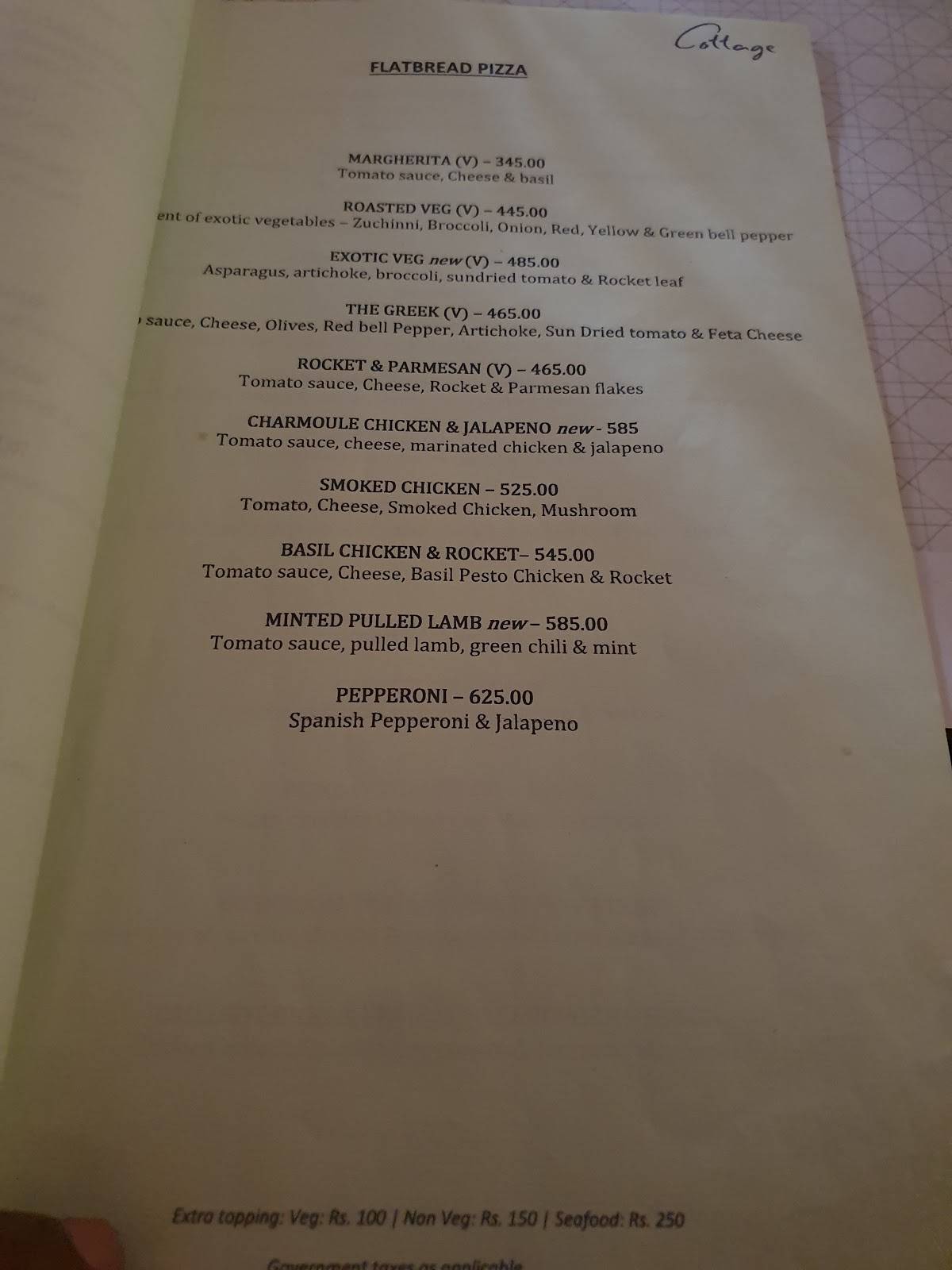 Menu at Cottage, Chandigarh, SCO 44