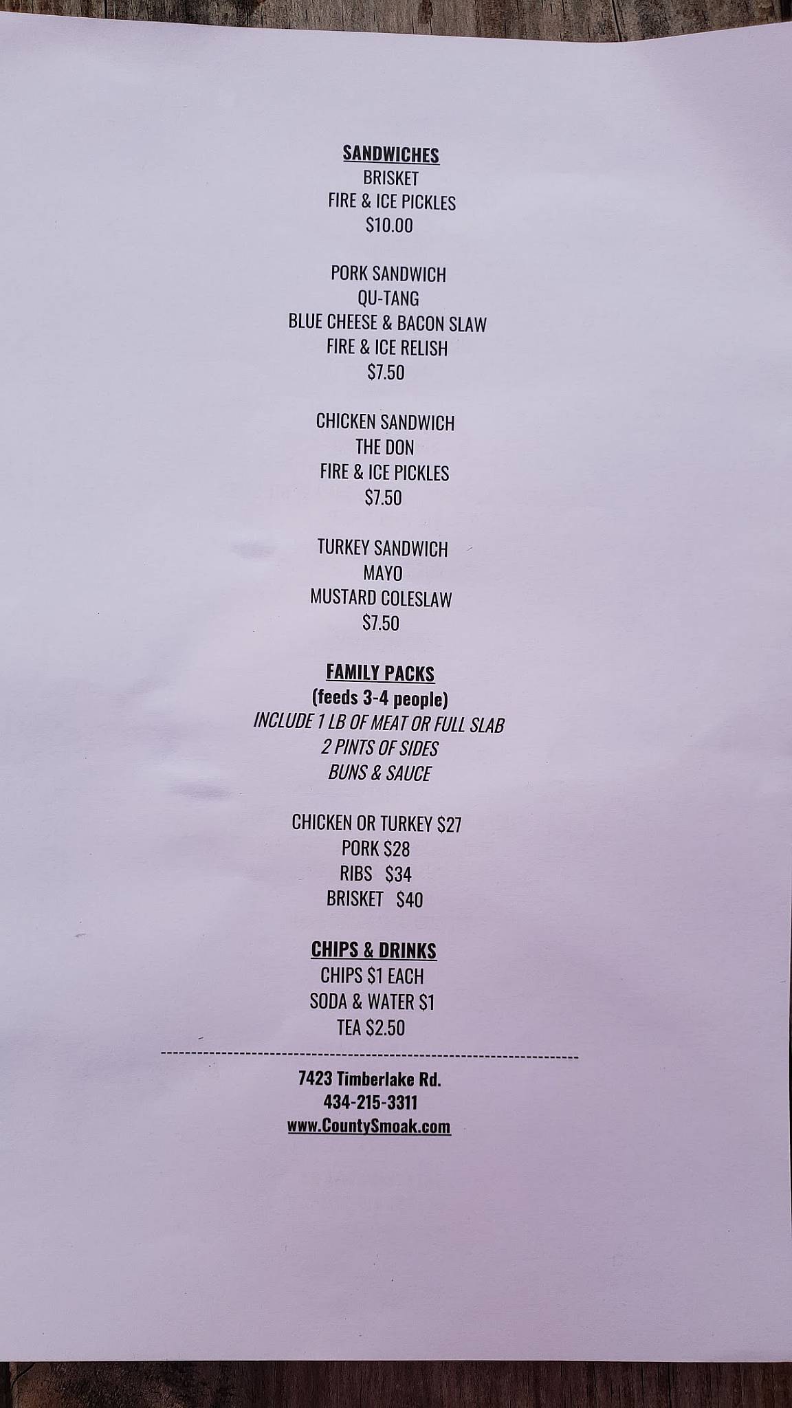 Menu at County Smoak BBQ, Lynchburg
