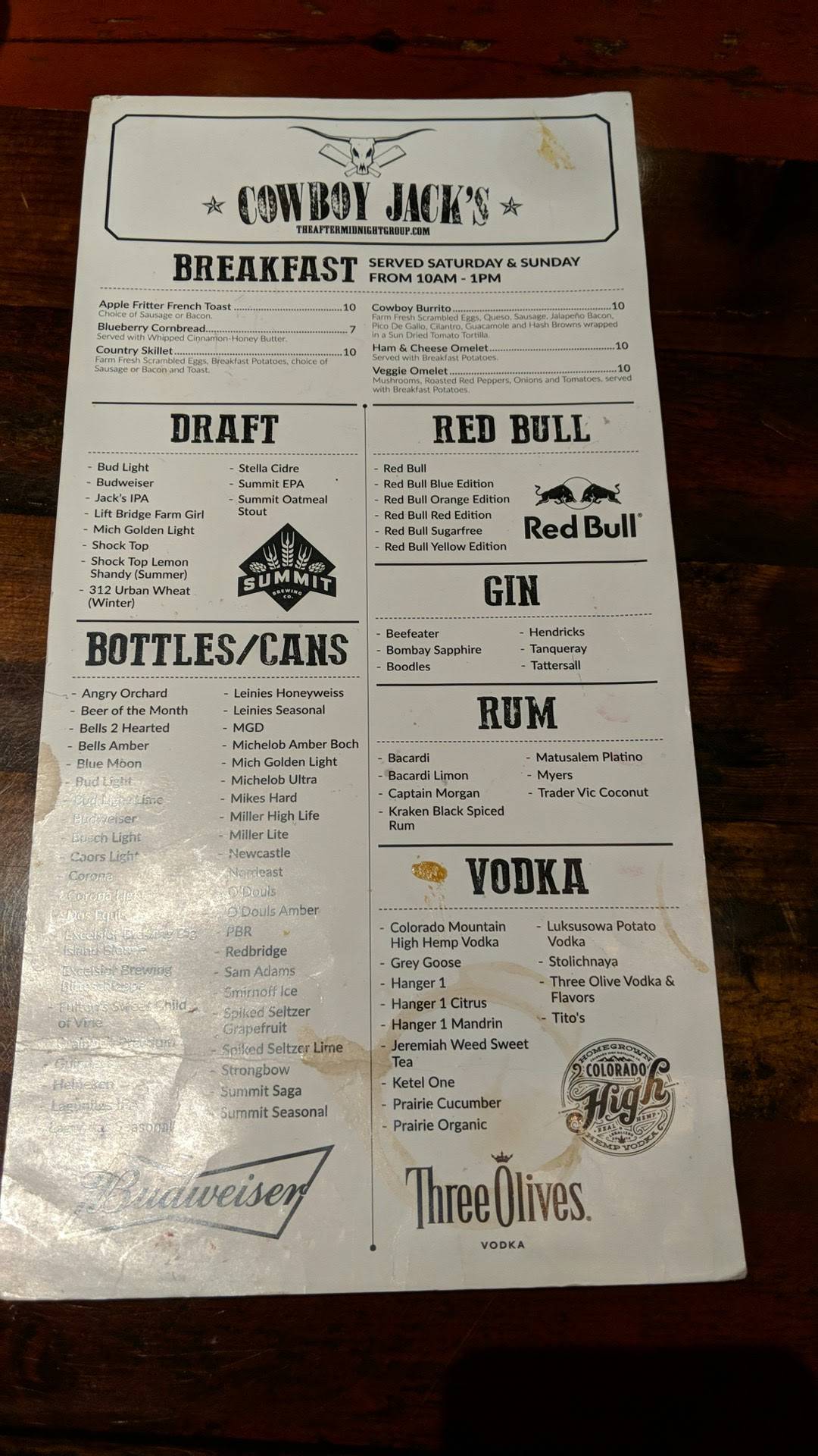 Menu at Cowboy Jack's pub & bar, New Brighton, Palmer Dr