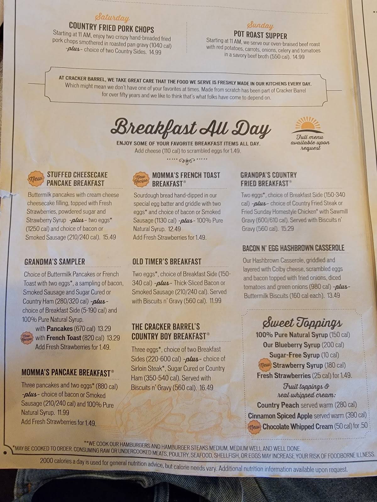 Menu at Cracker Barrel Old Country Store, Camarillo