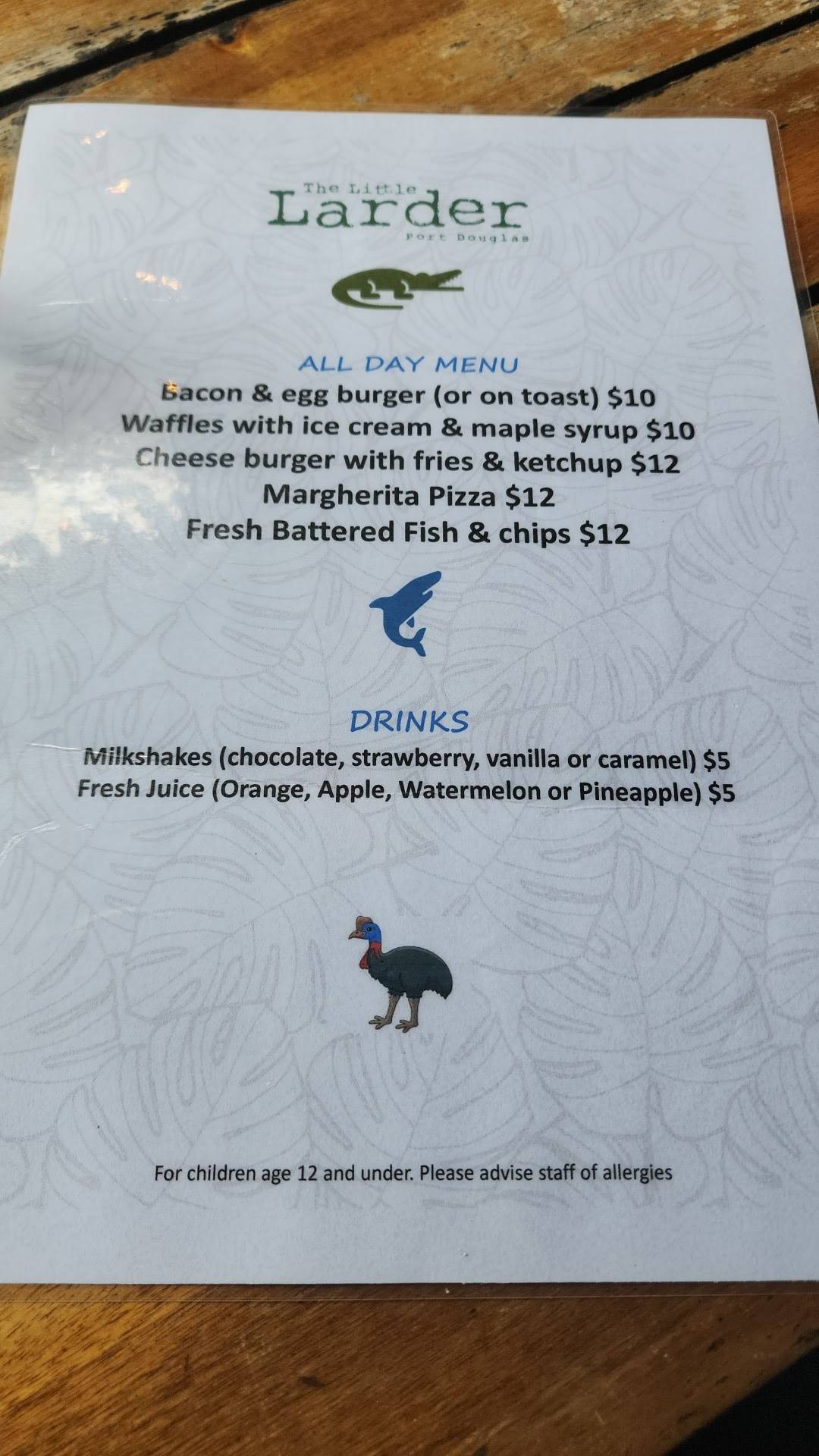 Menu at The Little Larder cafe, Port Douglas