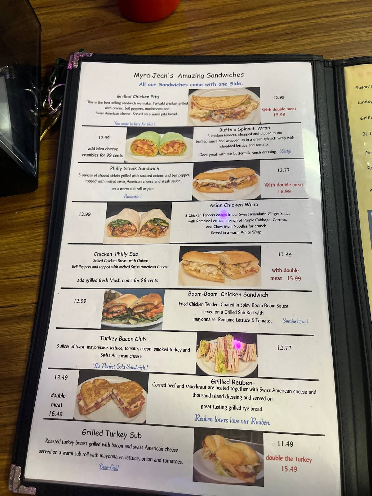 Menu at Myra Jean's restaurant, Crawfordville