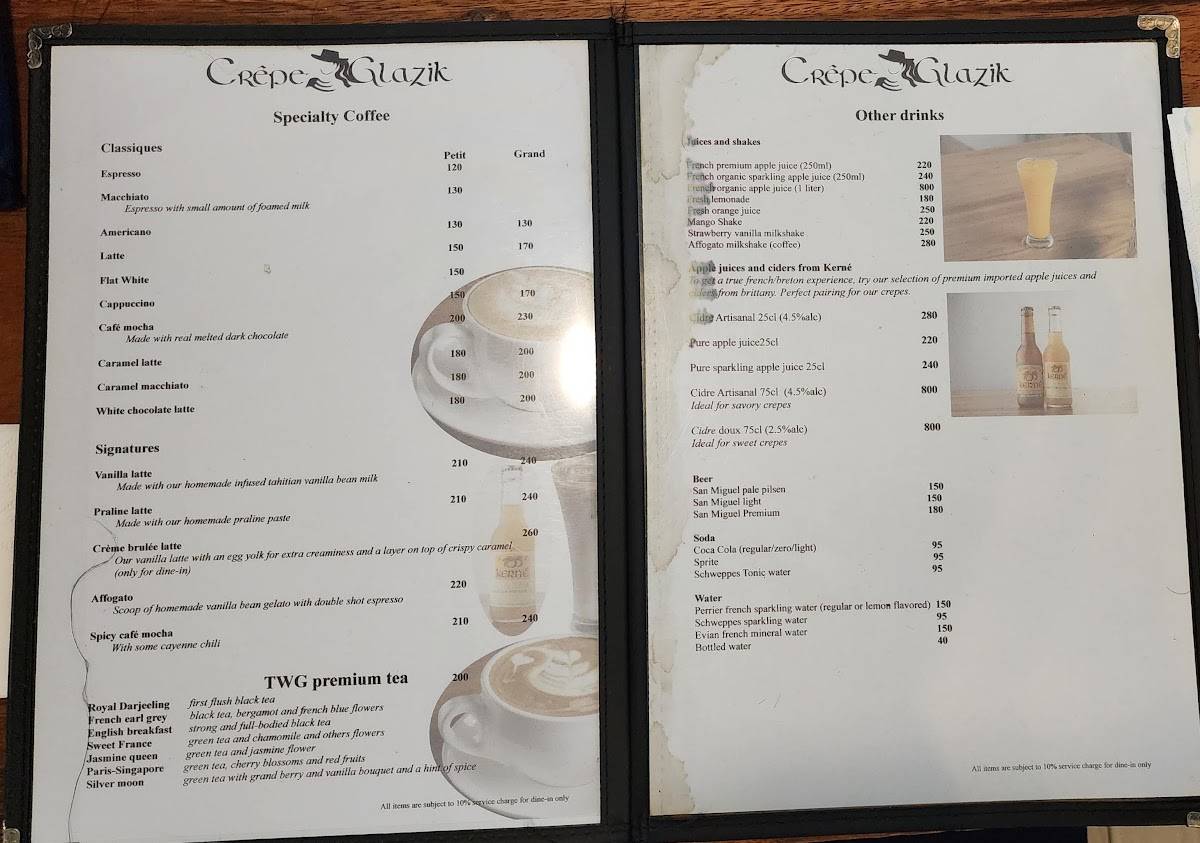 Menu at Crêpe Glazik restaurant, Makati
