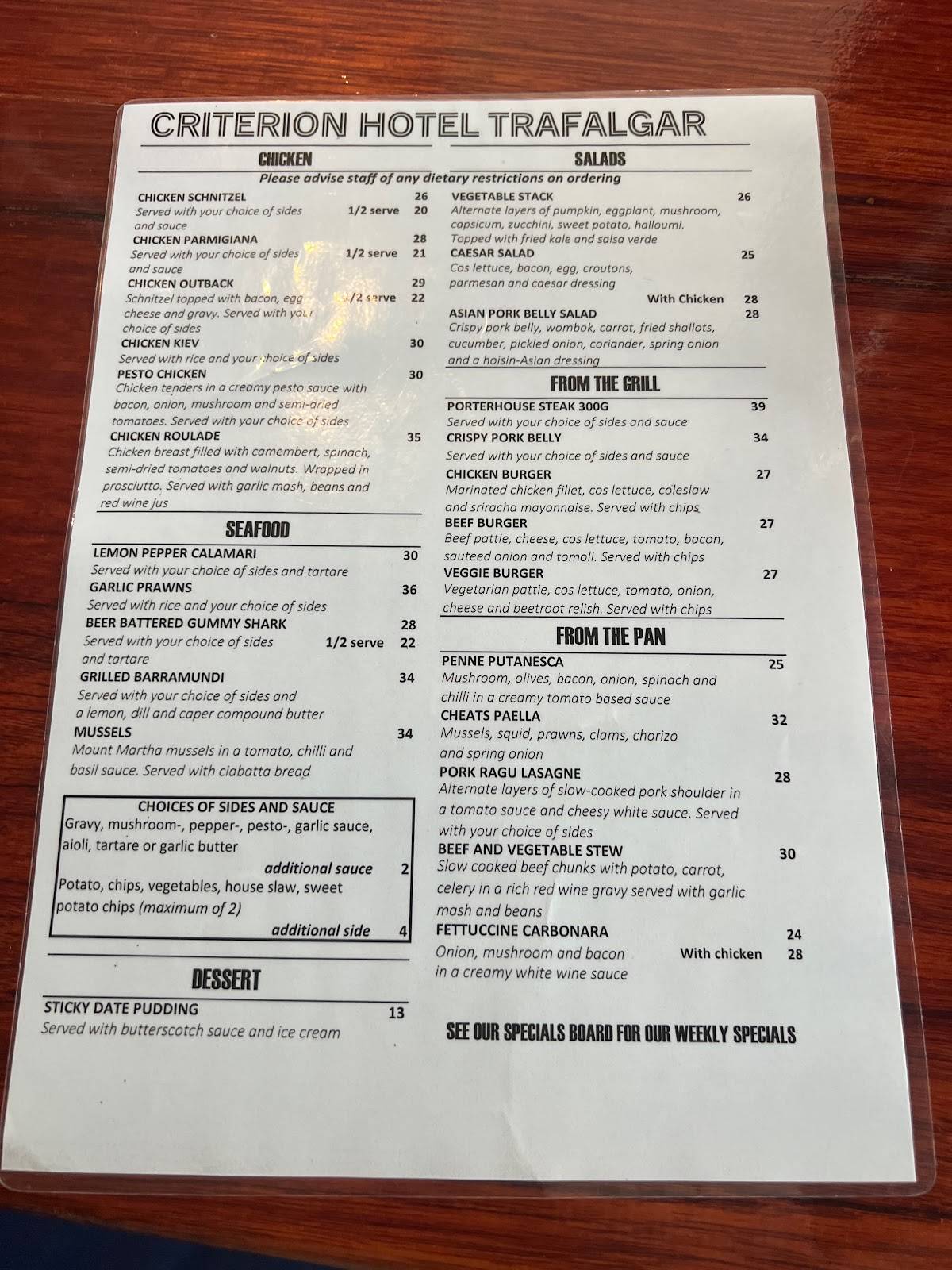 Menu at Criterion Hotel pub & bar, Trafalgar