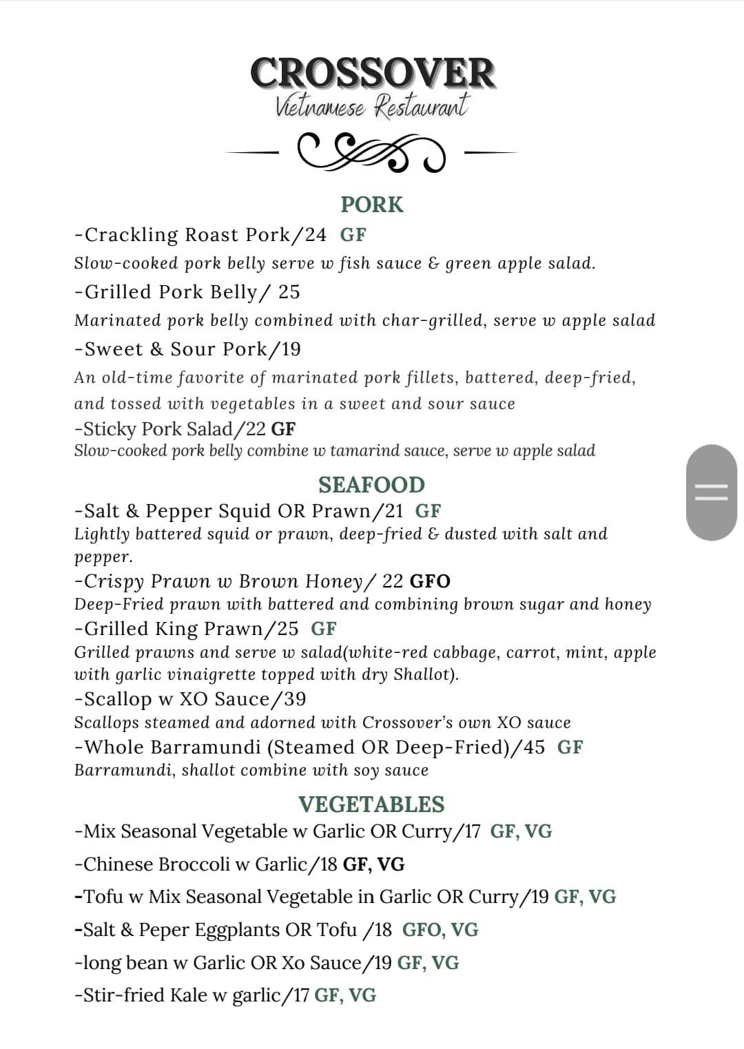 Menu at Crossover Vietnamese Restaurant, Torrensville