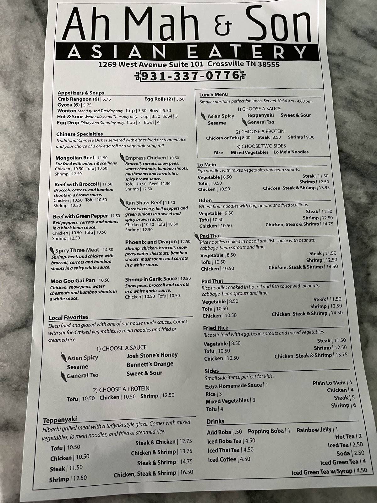 Menu at Ah Mah & Son Asian Eatery restaurant, Crossville
