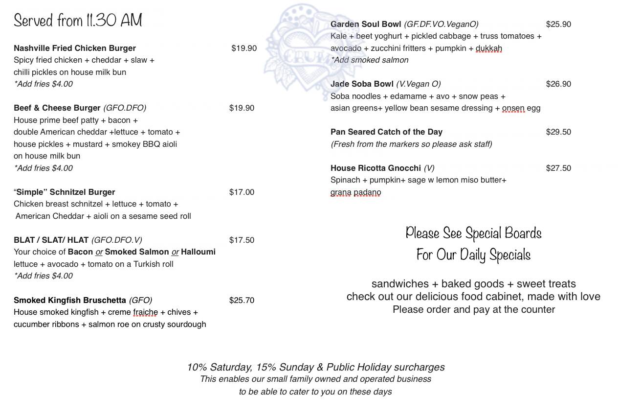 Menu at Crumb Cafe, Batehaven