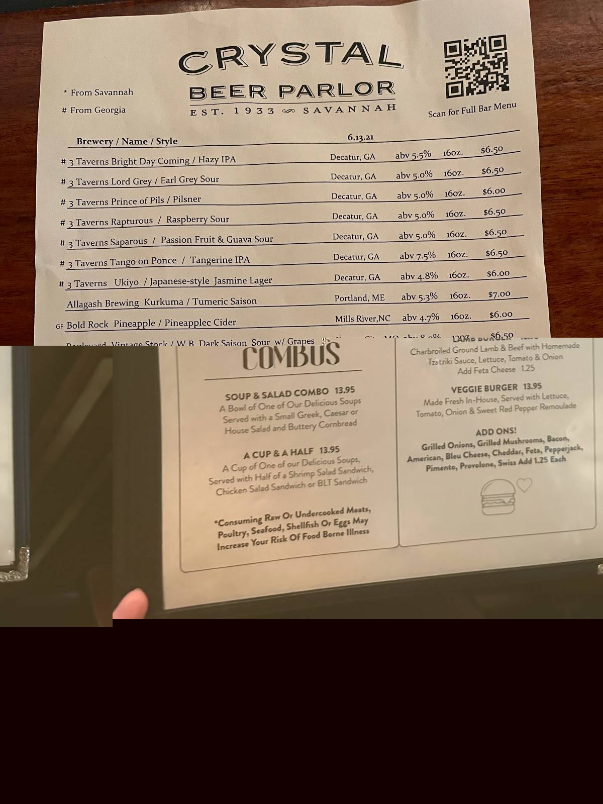 Menu at Crystal Beer Parlor pub & bar, Savannah