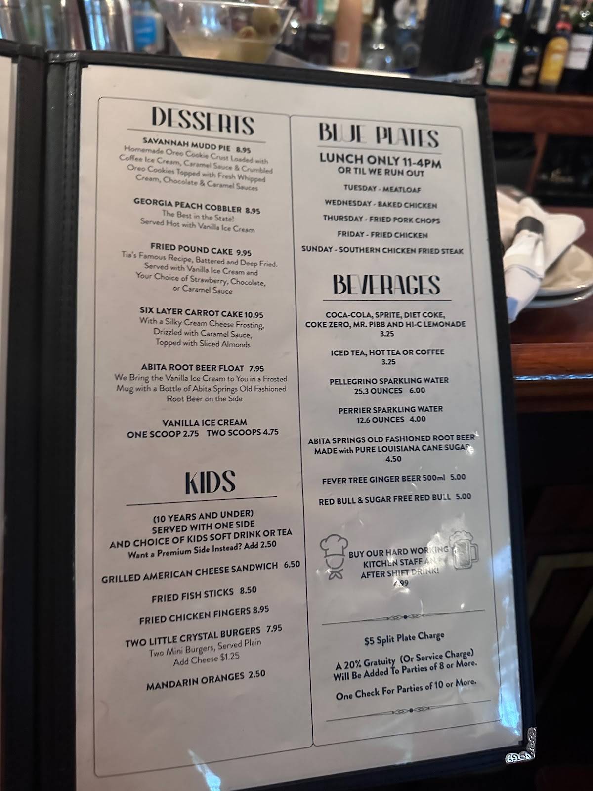 Menu at Crystal Beer Parlor pub & bar, Savannah