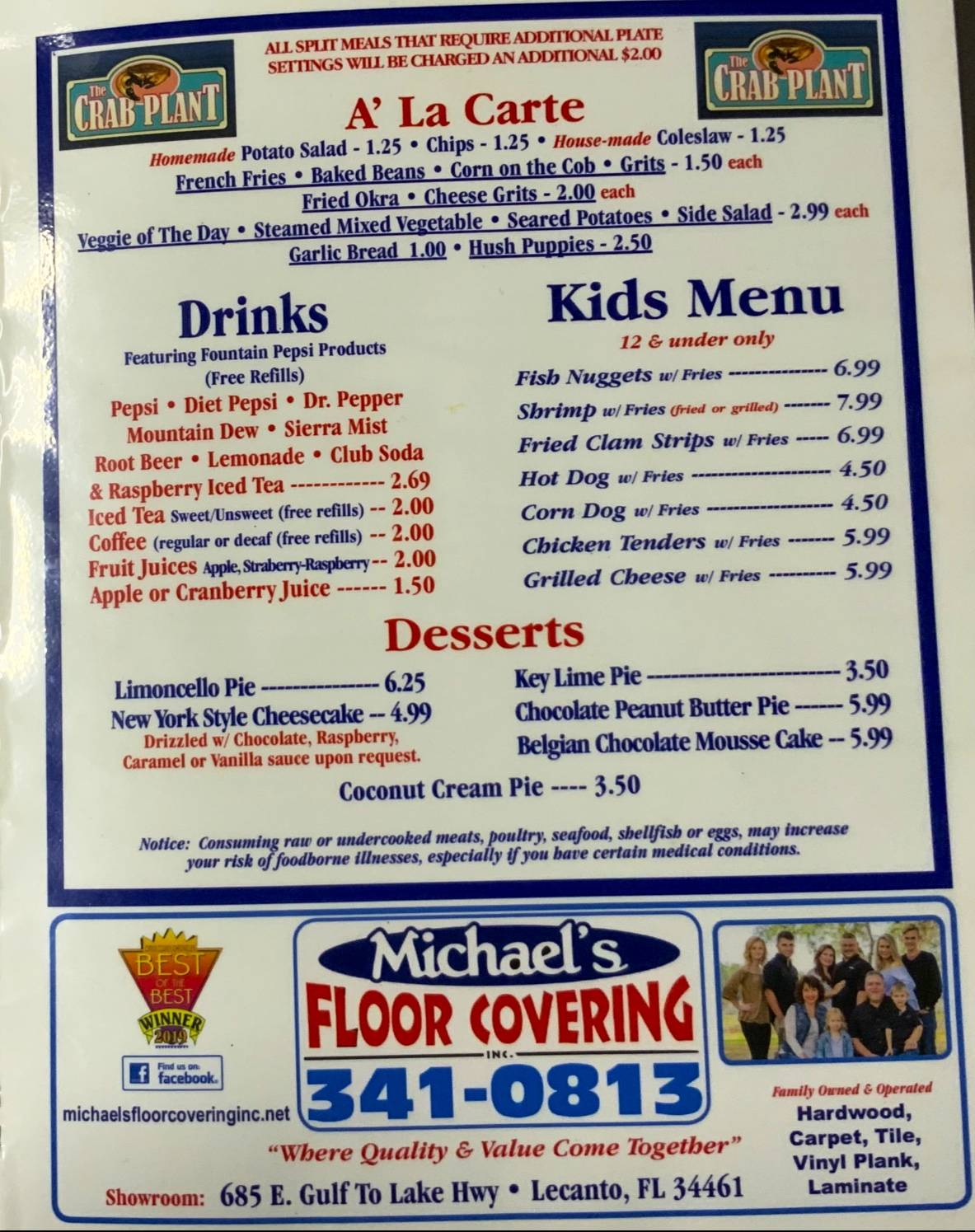 Menu at The Crab Plant restaurant, Crystal River
