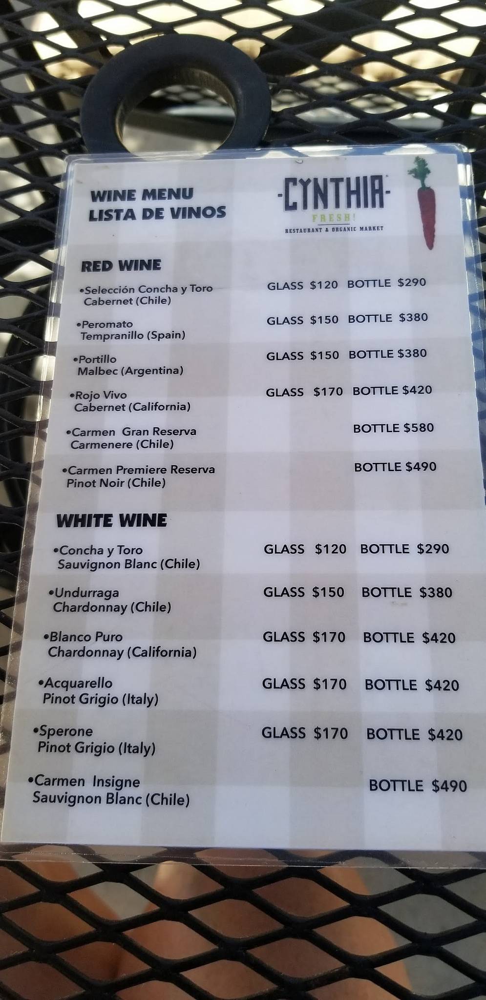 Menu at Cynthia Fresh restaurant, San José del Cabo