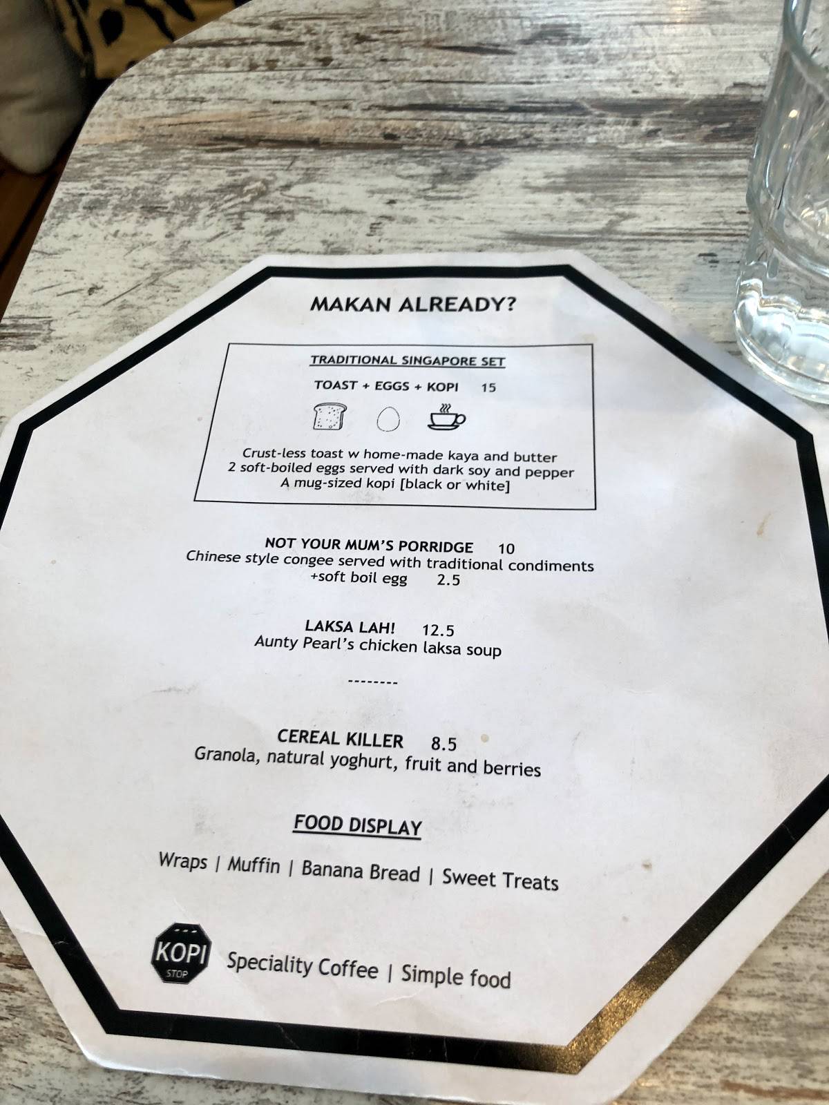 Menu at Kopi Stop cafe, Darwin City
