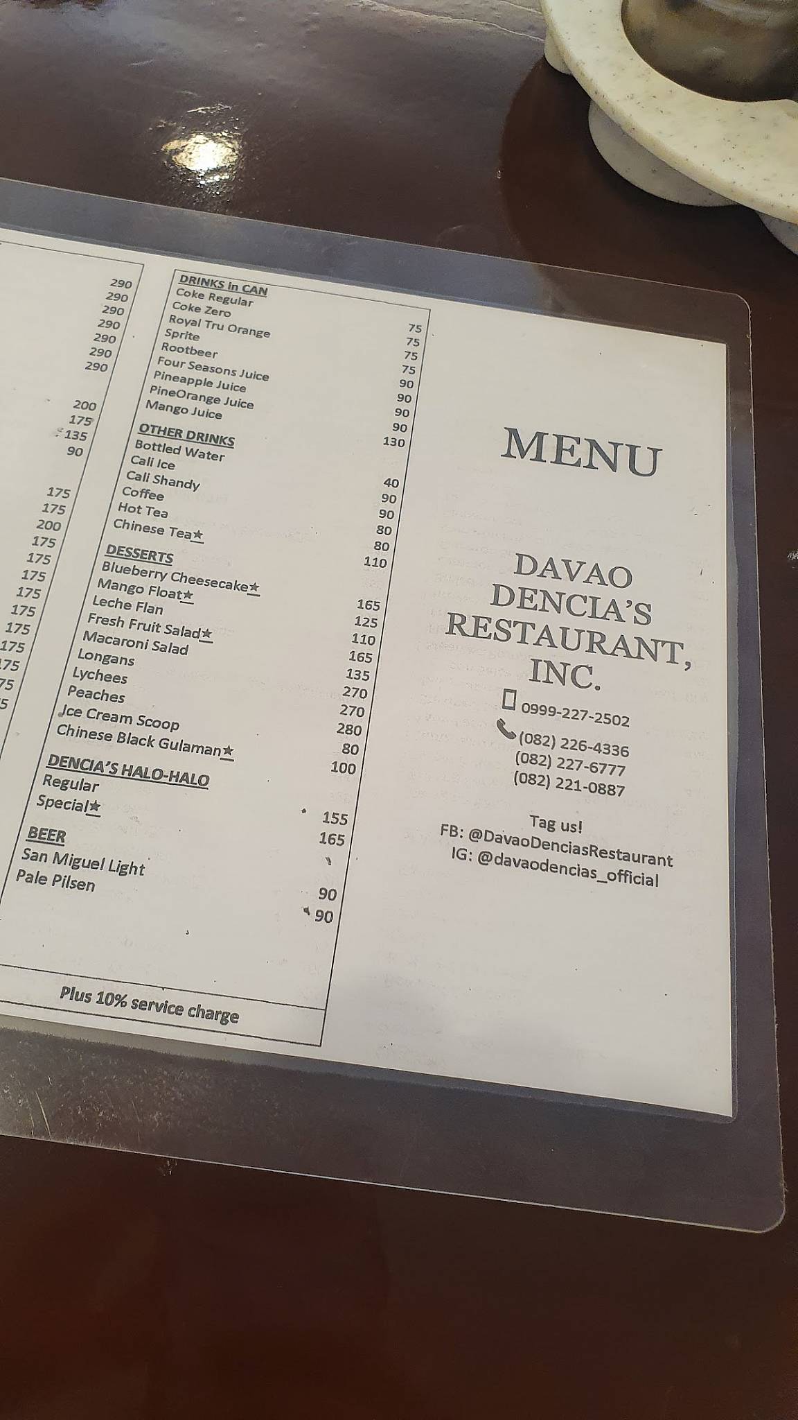 Menu at Davao Dencia's Restaurant, Davao City, General Luna St