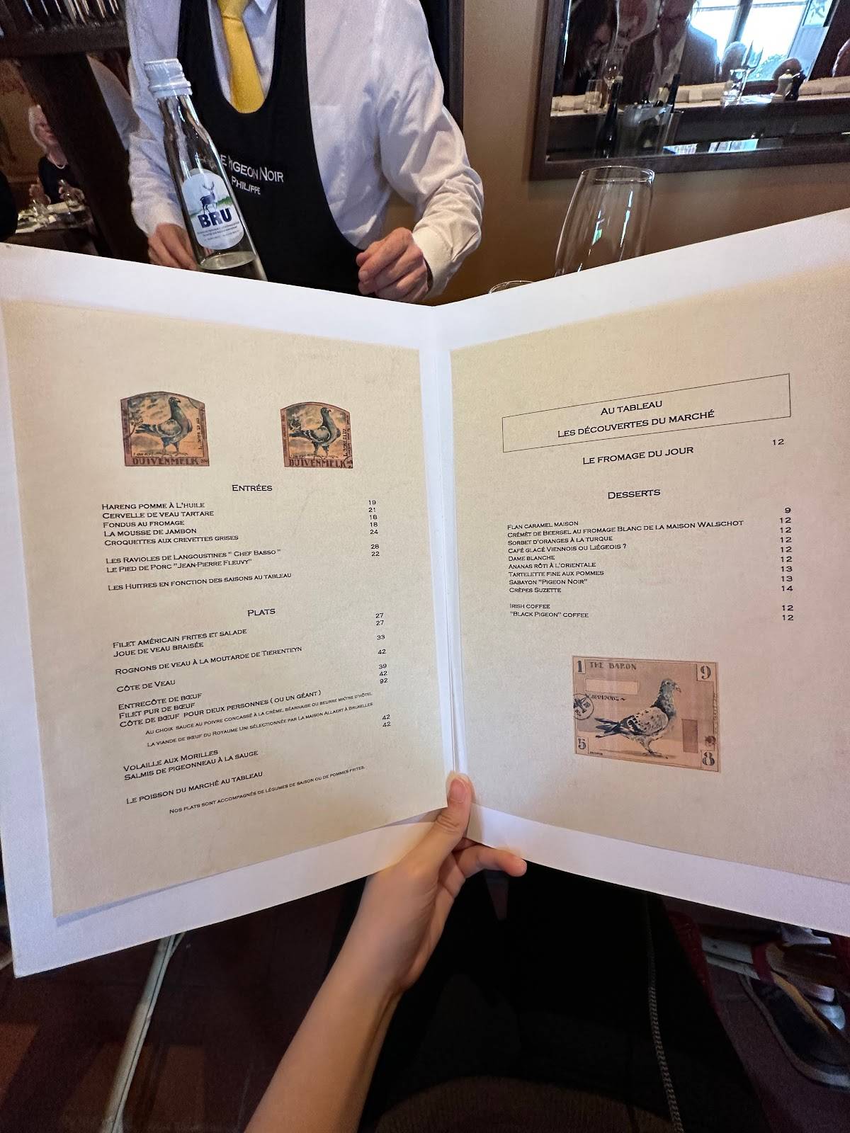 Menu au Le Pigeon Noir, Uccle