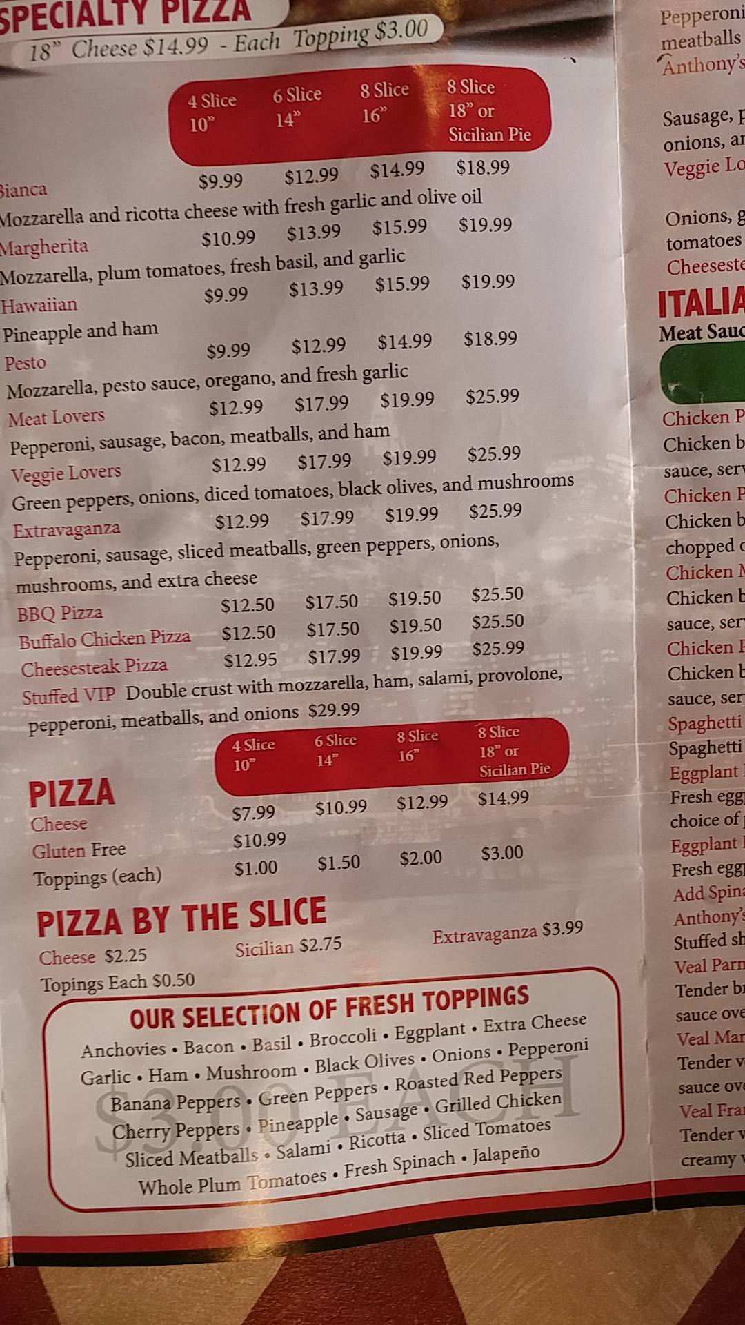 Menu at The Original Anthony's Pizza pizzeria, DeBary