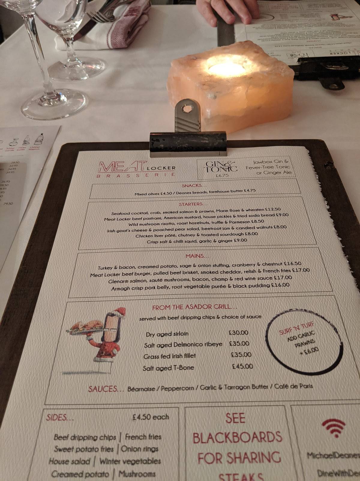 Menu at Deanes Meat Locker restaurant, Belfast
