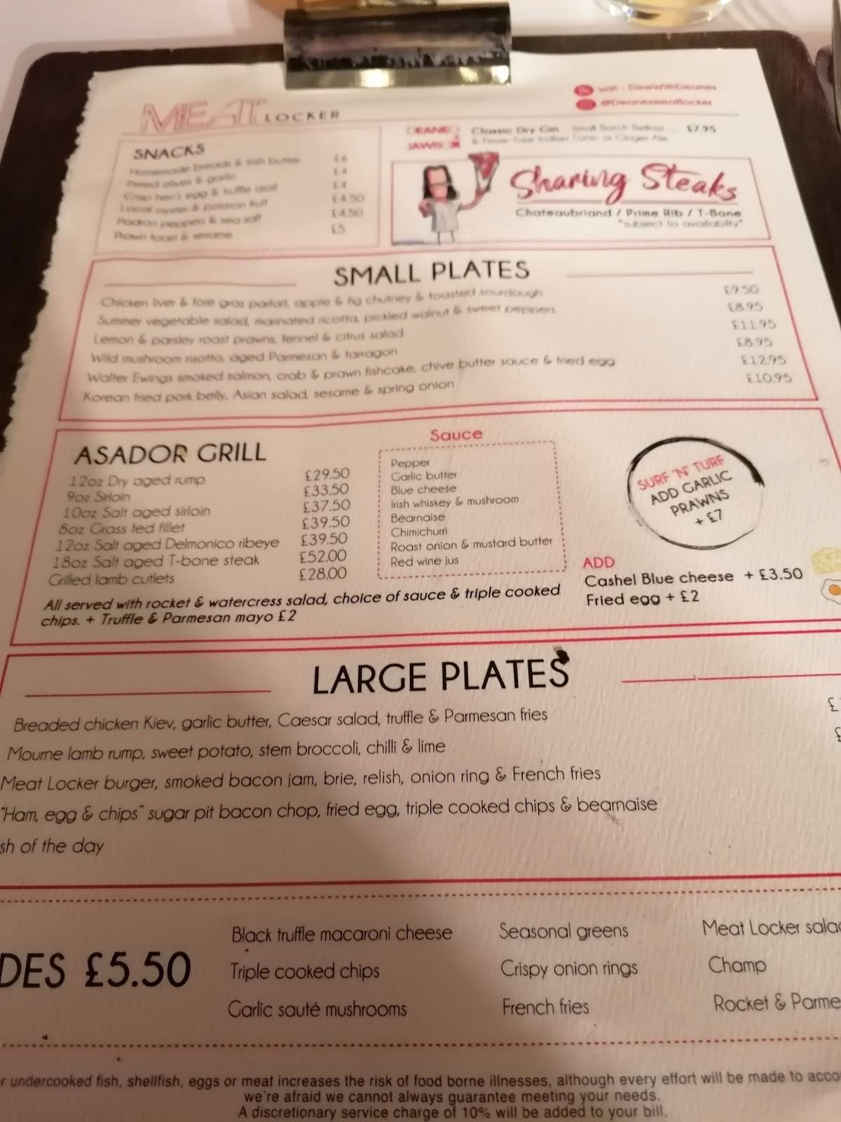 Menu at Deanes Meat Locker restaurant, Belfast