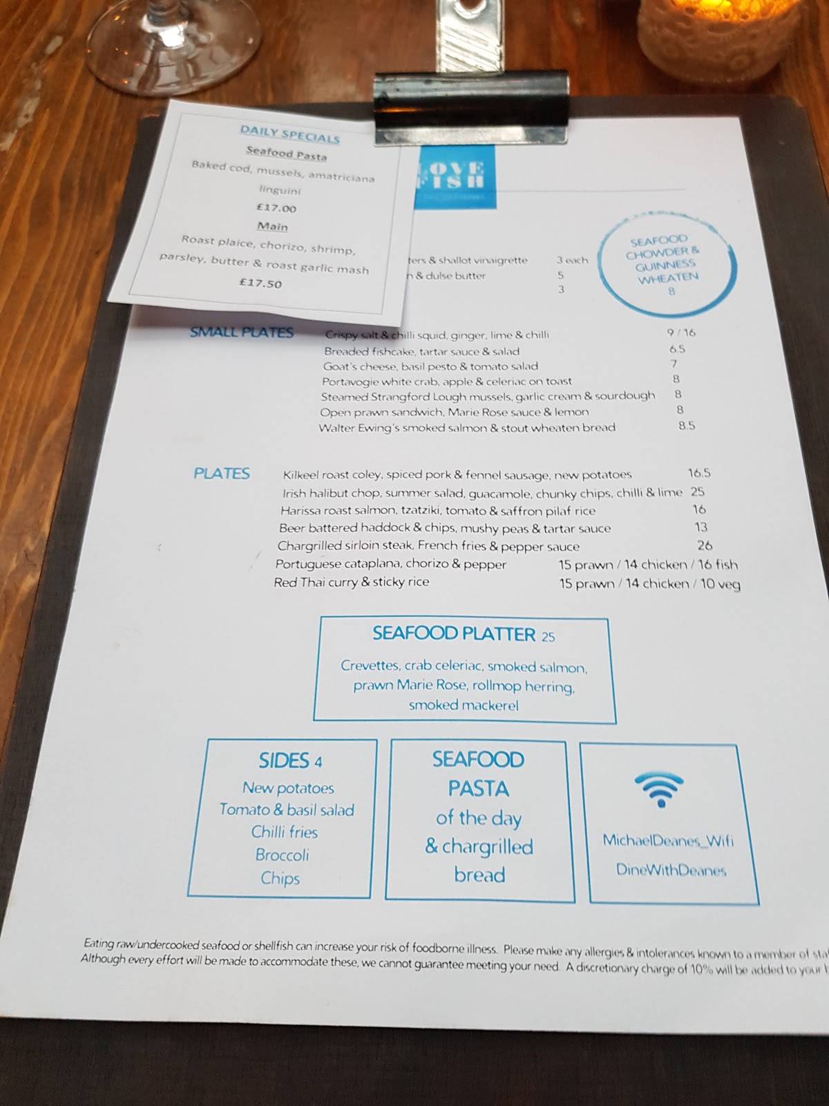 Menu at Deanes Meat Locker restaurant, Belfast