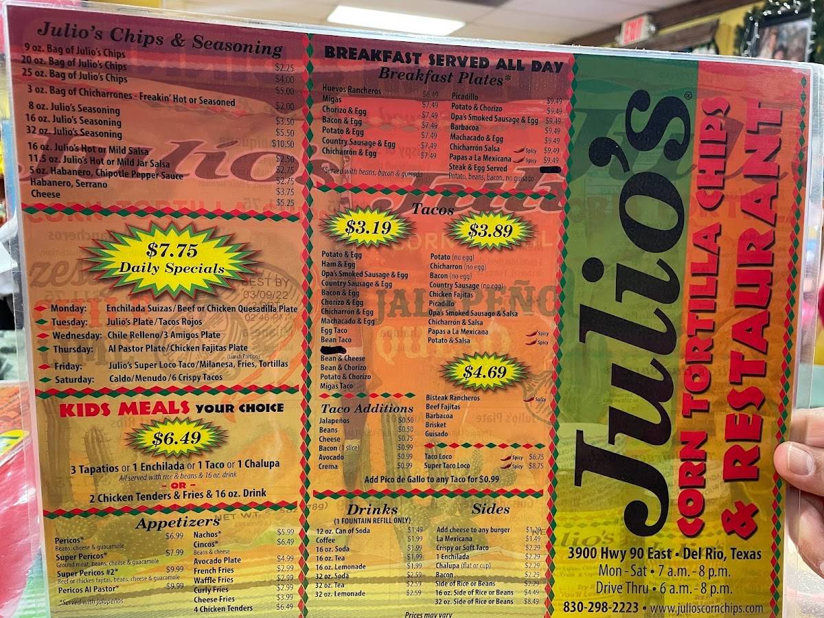 Menu at Julio's Seasoning & Corn Chips restaurant, Del Rio, US-90
