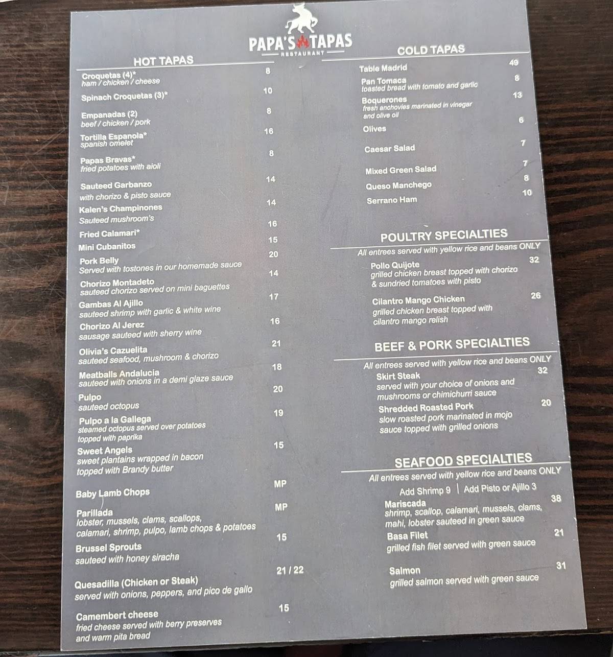Menu at Papa's Tapas pub & bar, Delray Beach