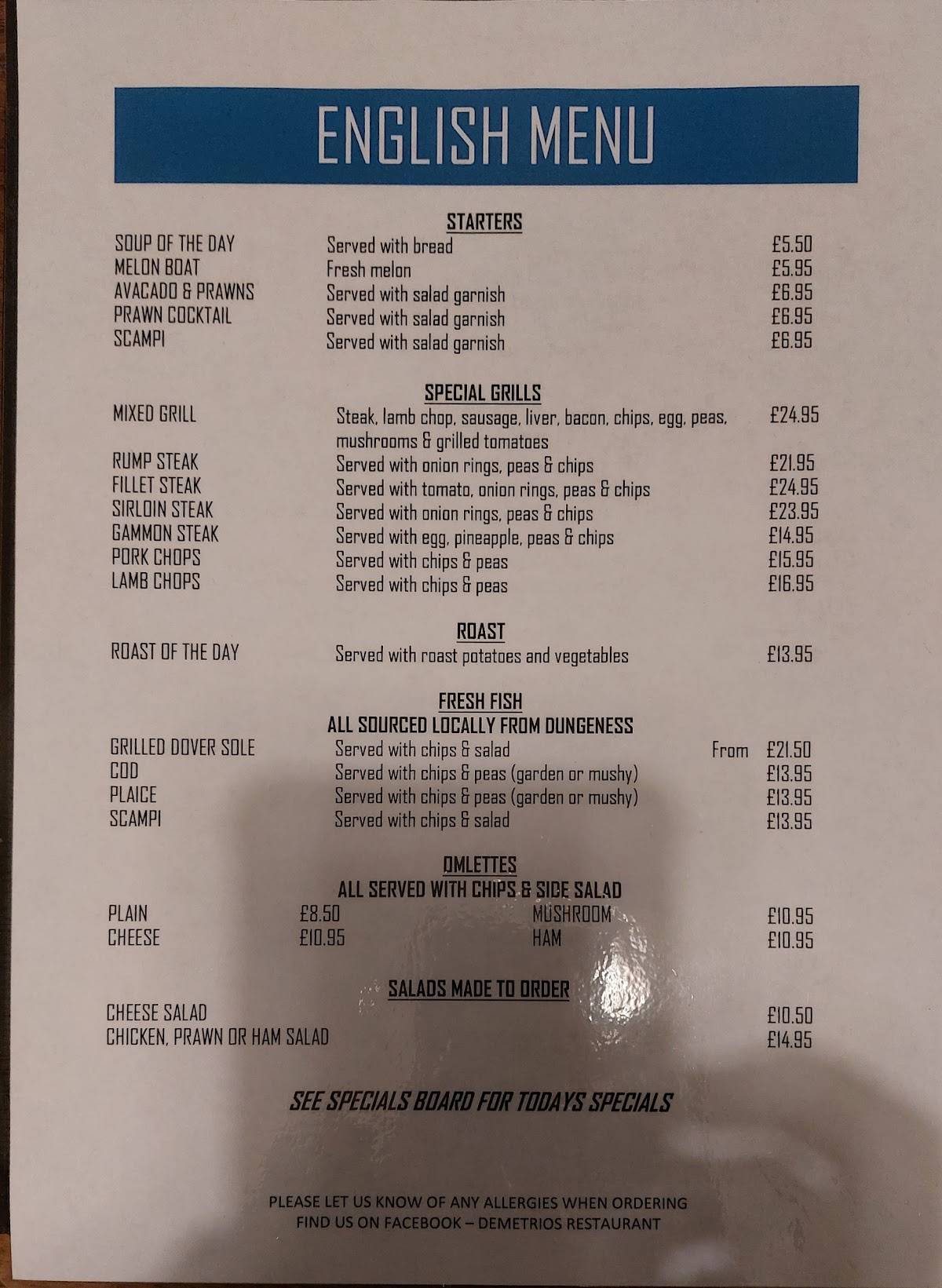 Menu at Demetrio’s restaurant, New Romney