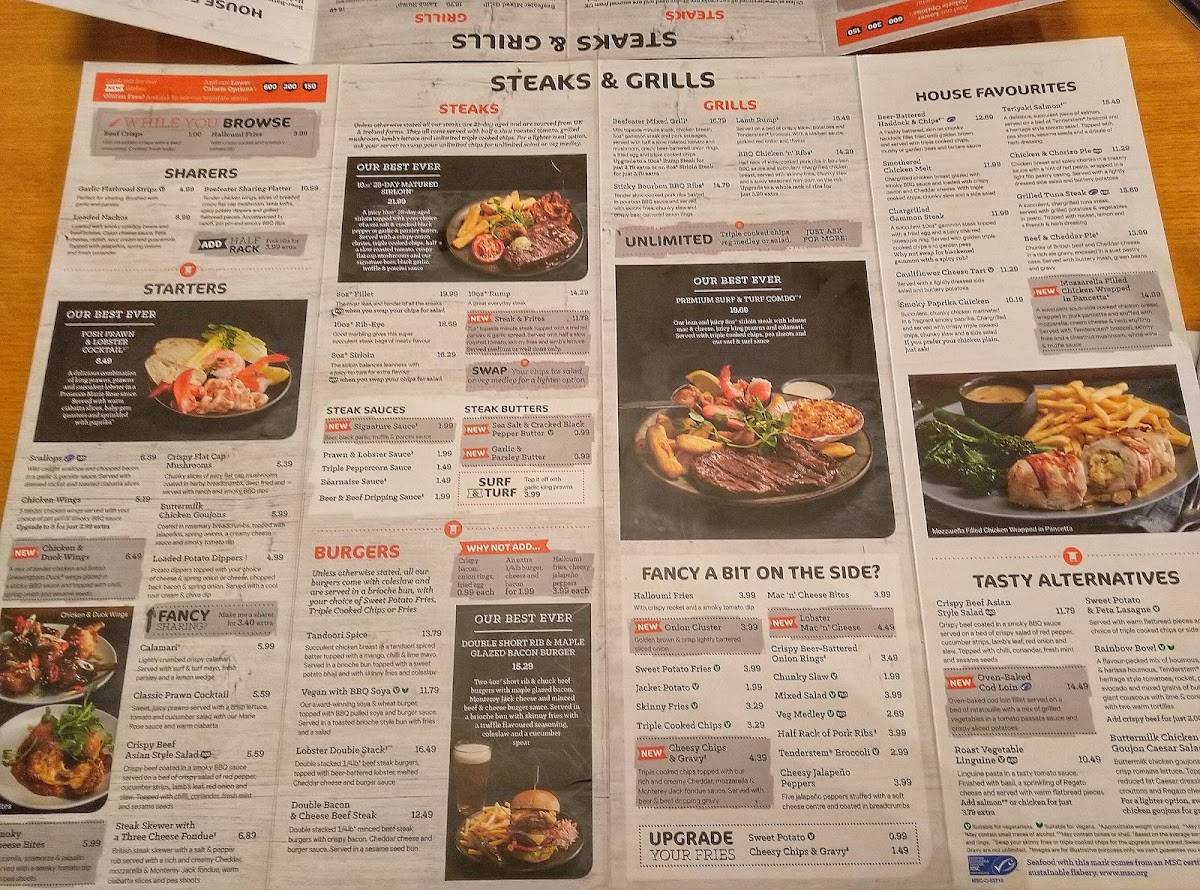 Menu at The Mallard Beefeater restaurant, Derby