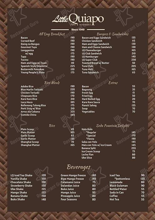 Menu at Little Quiapo desserts, Quezon City