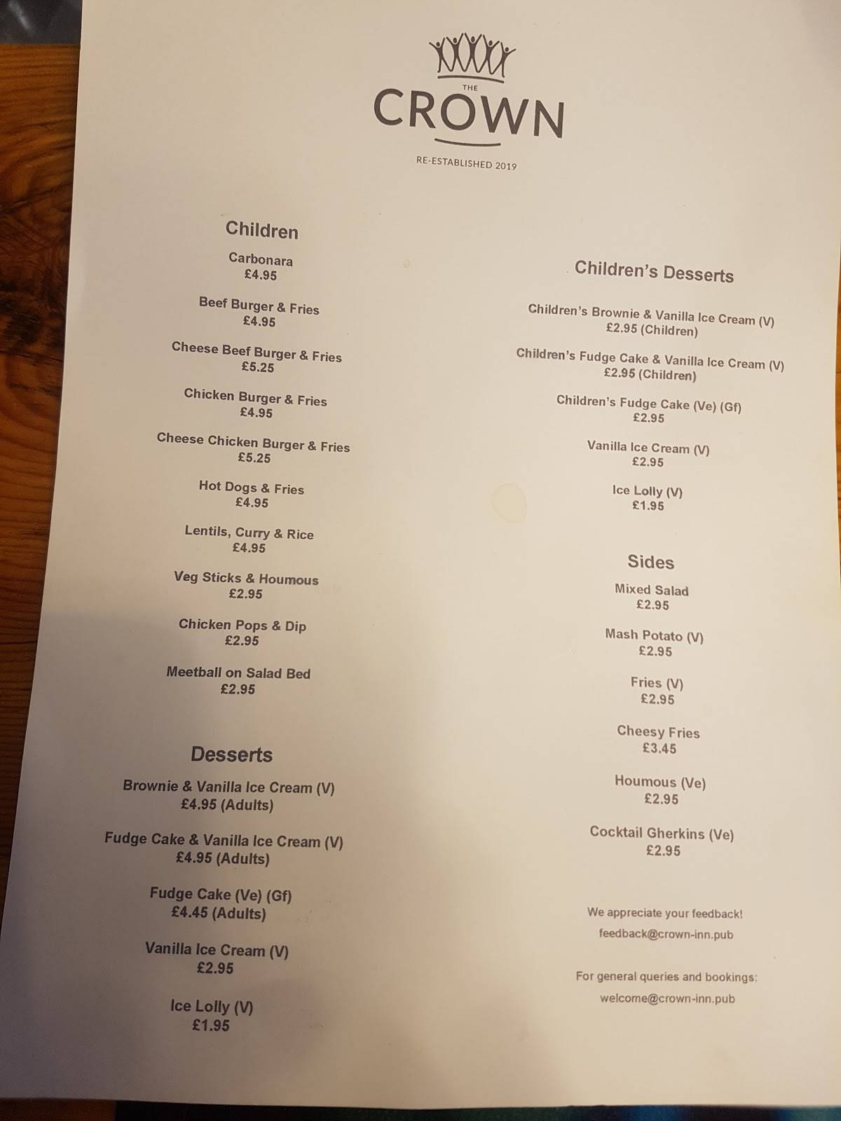 Menu at The Crown, South Moreton pub & bar, Didcot, The Crown