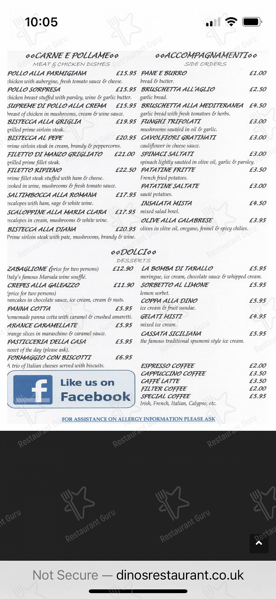 Menu at Dino's Italian Restaurant, Dover
