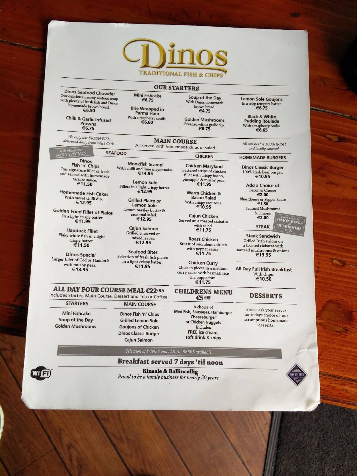 Menu at Dinos restaurant, Kinsale