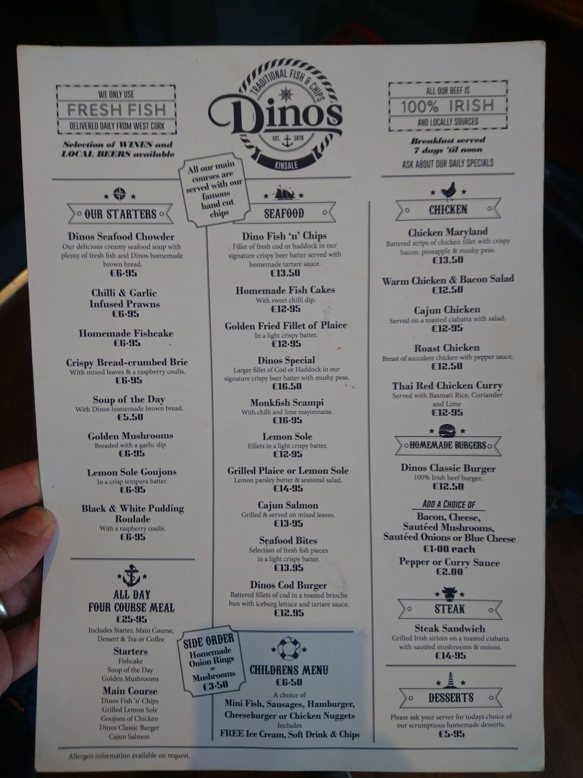 Menu at Dinos restaurant, Kinsale