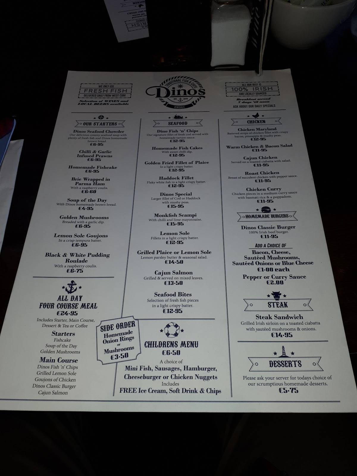 Menu at Dinos restaurant, Kinsale