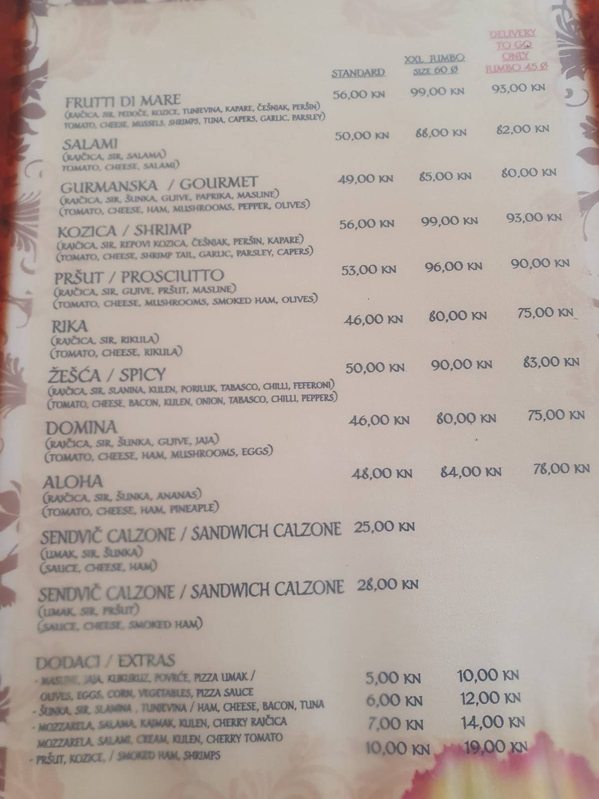 Menu at Domina restaurant, Makarska
