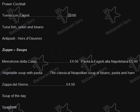 Menu at Caprese Don Costanzo restaurant, Glasgow