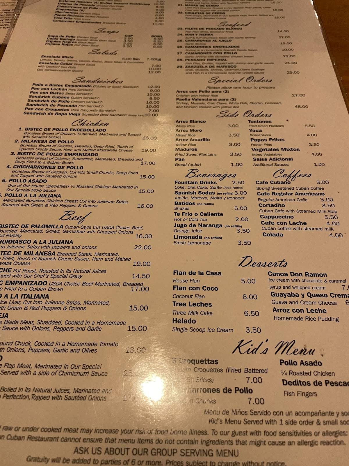 Menu at Don Ramon Restaurante Cubano, West Palm Beach, S Dixie Hwy