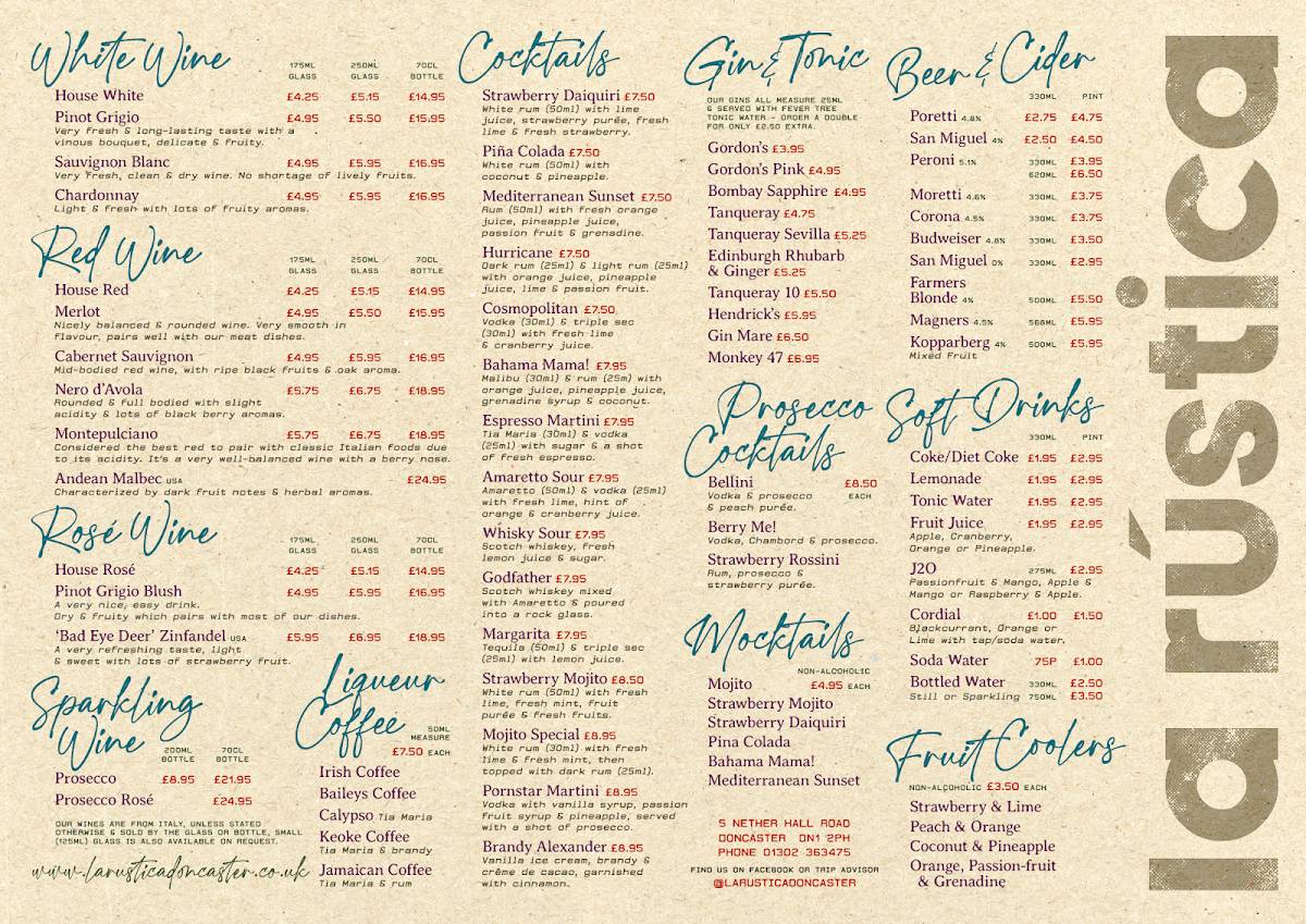 Menu at La Rustica Restaurant & Wine Bar, Doncaster