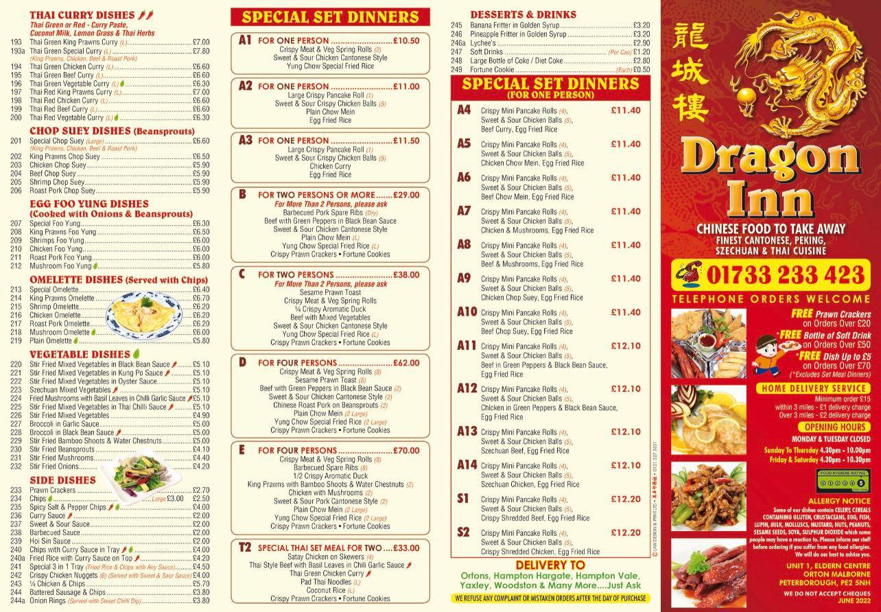 Menu at Dragon Inn pub & bar, Peterborough