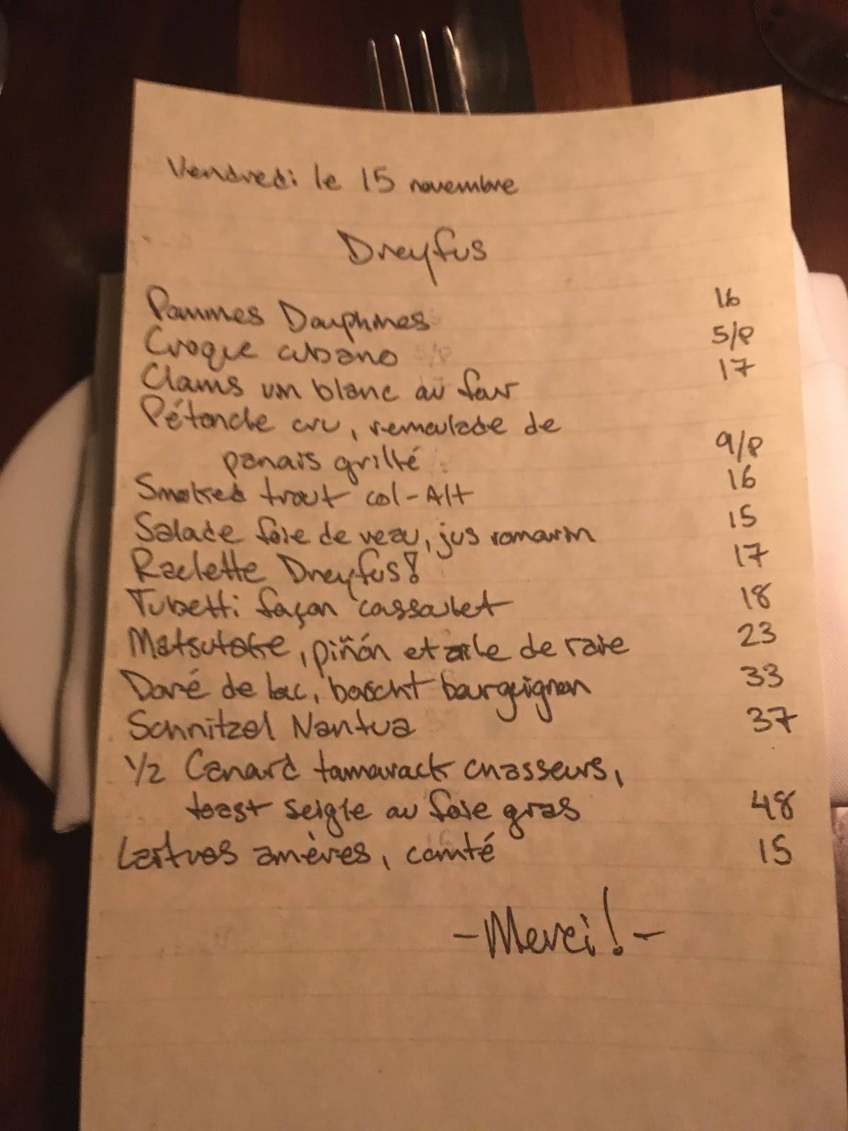 Menu at Dreyfus restaurant, Toronto, 96 Harbord St
