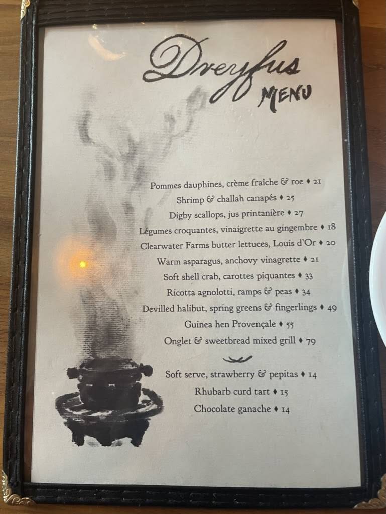 Menu at Dreyfus restaurant, Toronto, 96 Harbord St