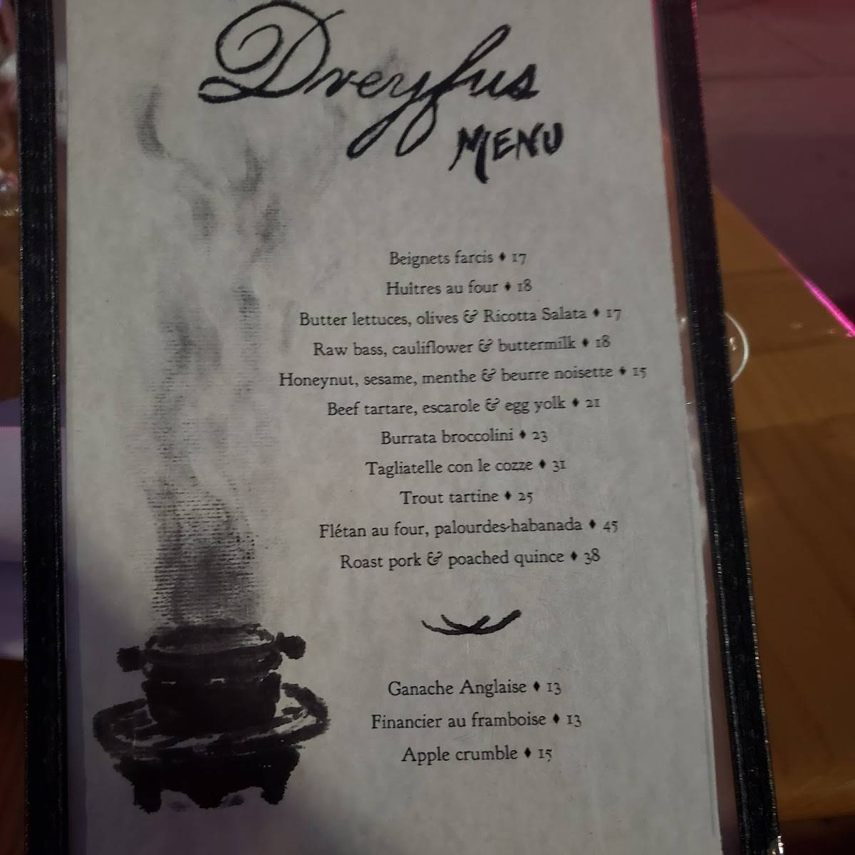 Menu at Dreyfus restaurant, Toronto, 96 Harbord St