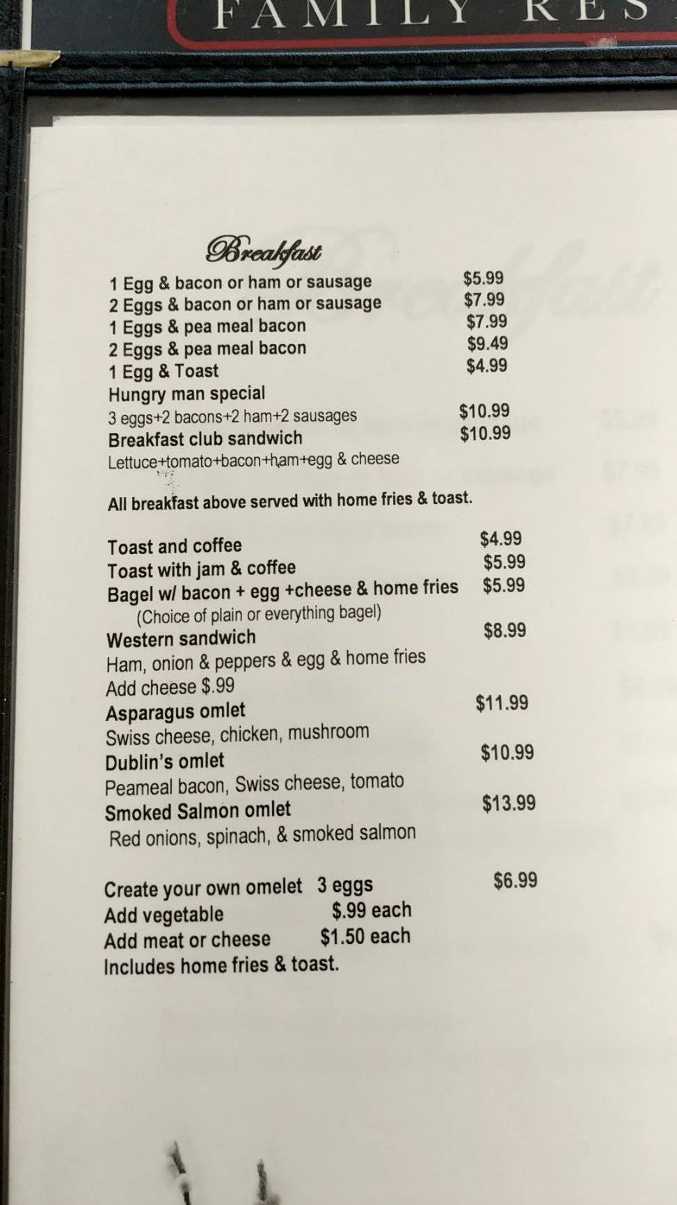 Menu at Dublin's Family Restaurant, Dublin