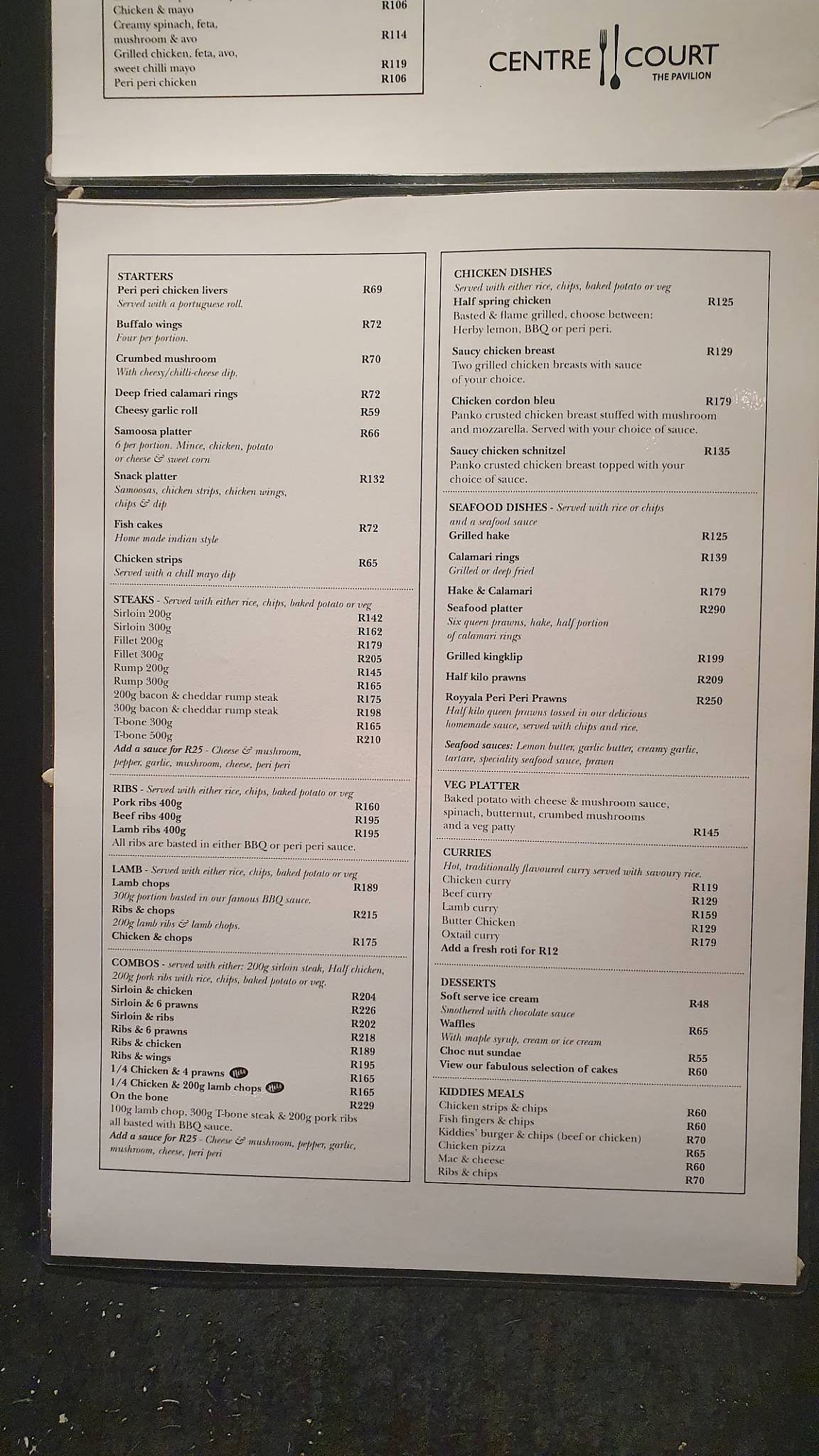Menu at Centre Court Pavillion restaurant, Durban, 301
