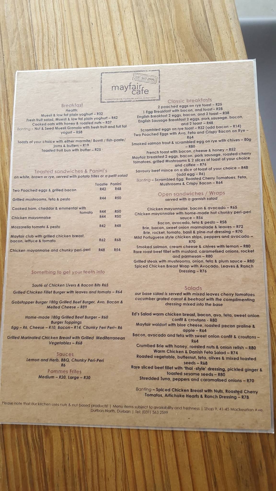 Menu at Mayfair Cafe., Durban
