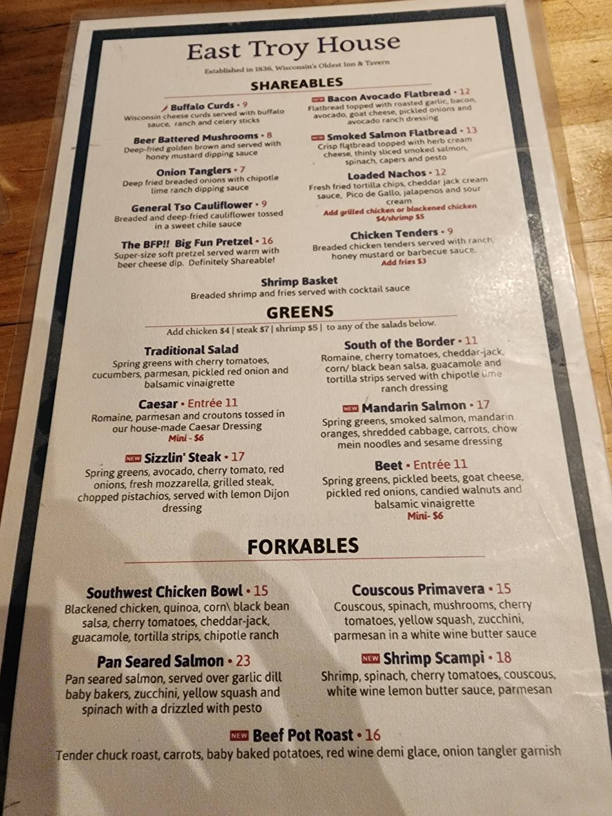 Menu at East Troy House Restaurant-Bar, East Troy, Division St
