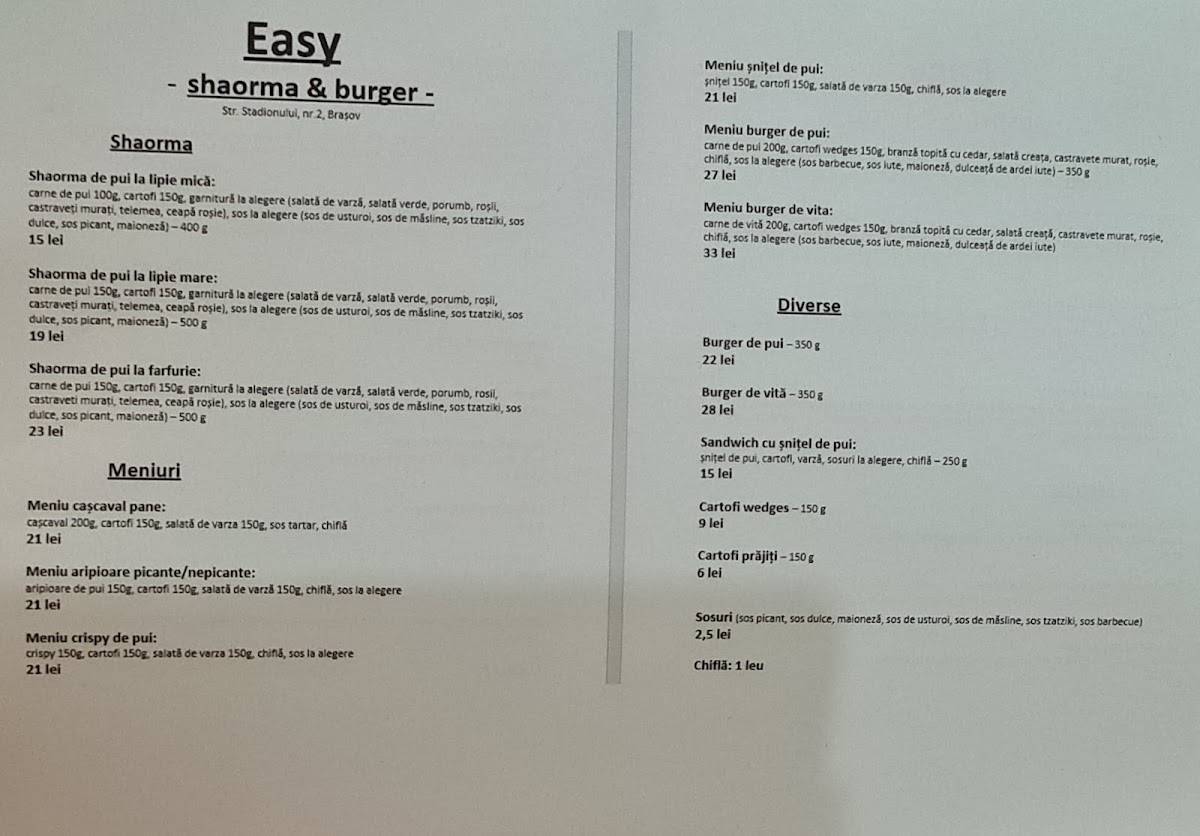 Carta de Easy - shaorma & burger, Brașov