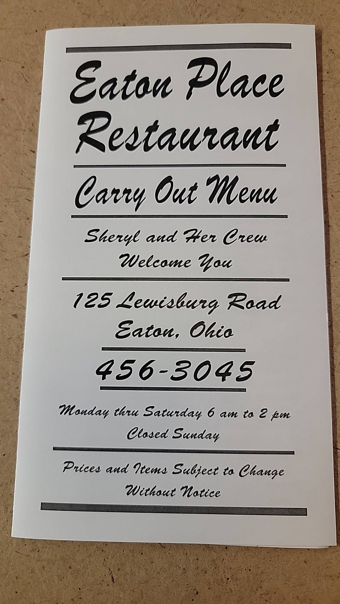 Menu at Eaton Place Restaurant, Eaton, 125 Eaton Lewisburg Rd