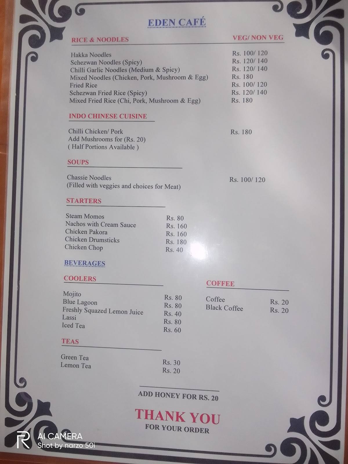 Menu at The Eden cafe, Tura